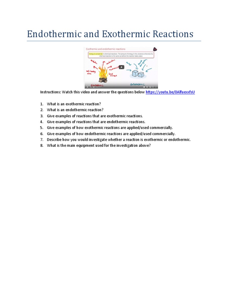 High School Worksheet Endothermic and Exothermic Reactions and Energy ...