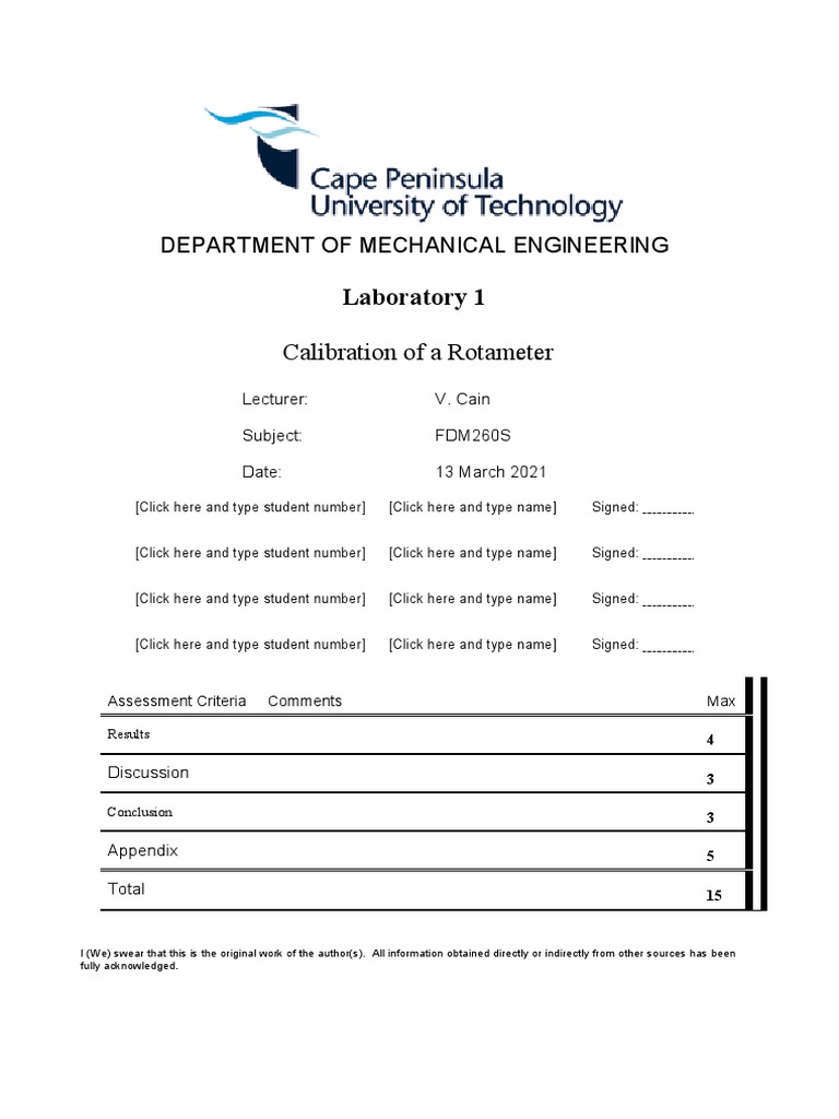 Lab 1-Calibration of A Rotameter | PDF | Buoyancy | Flow Measurement