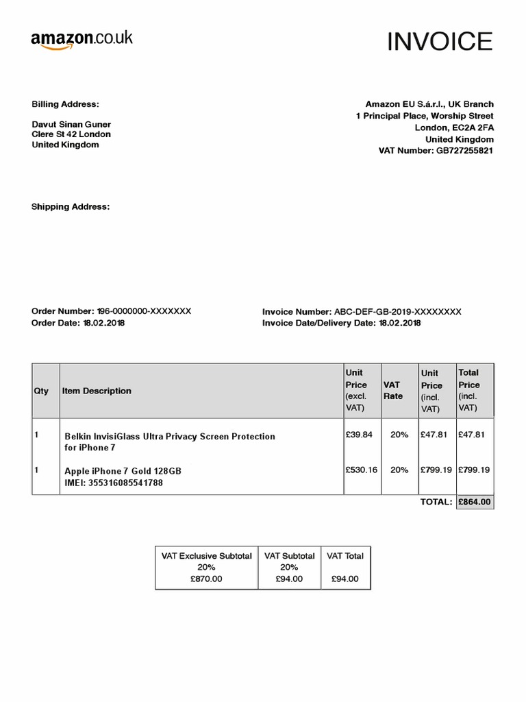 Amazon UK Invoice with VAT Details | PDF