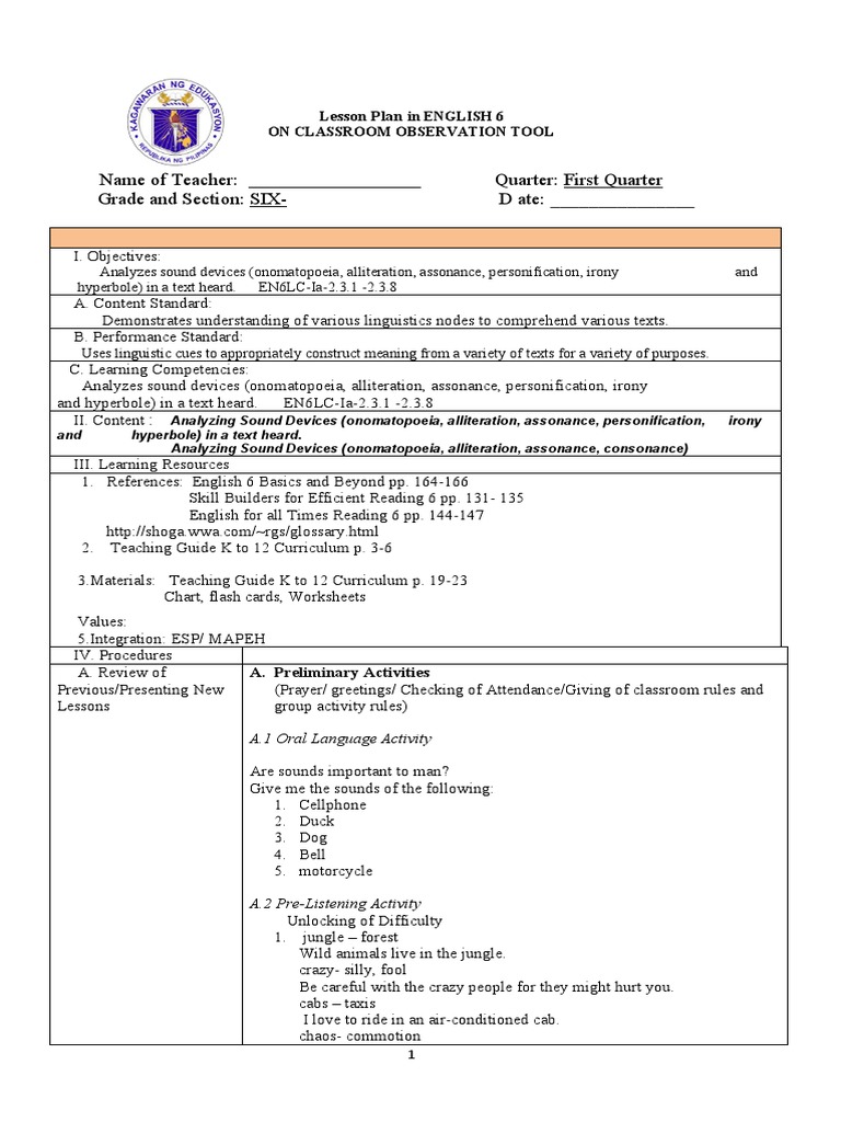 Cot English 6 q1 Lesson 1 2020-2021 | PDF | Poetry | Consonant