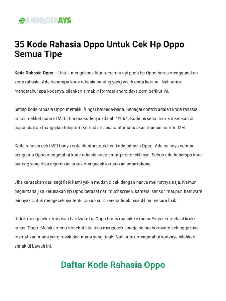 35 Kode Rahasia Oppo Untuk Cek HP Oppo Semua Tipe - Androidays | PDF