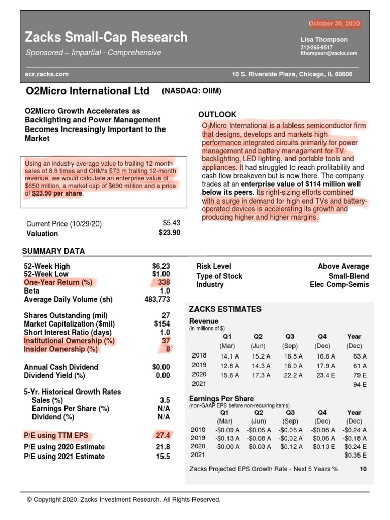 O2 Micro - Zacks - SCR - Research | PDF | Financial Analyst | Valuation ...