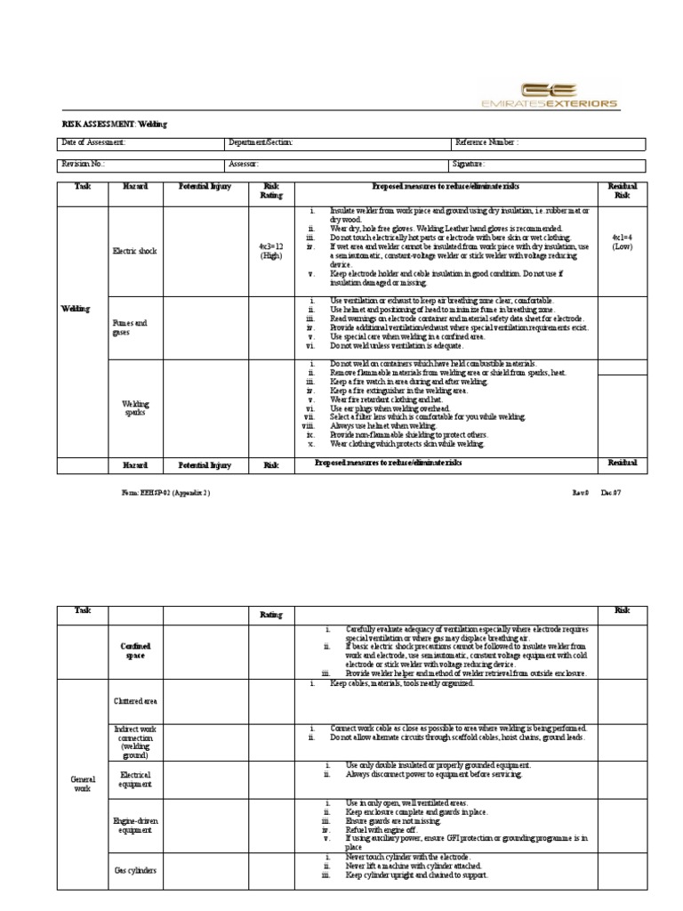 Risk Assessment: Welding: Rev.0 Dec.07 Form: EEHSP-02) Appendix 2 ...