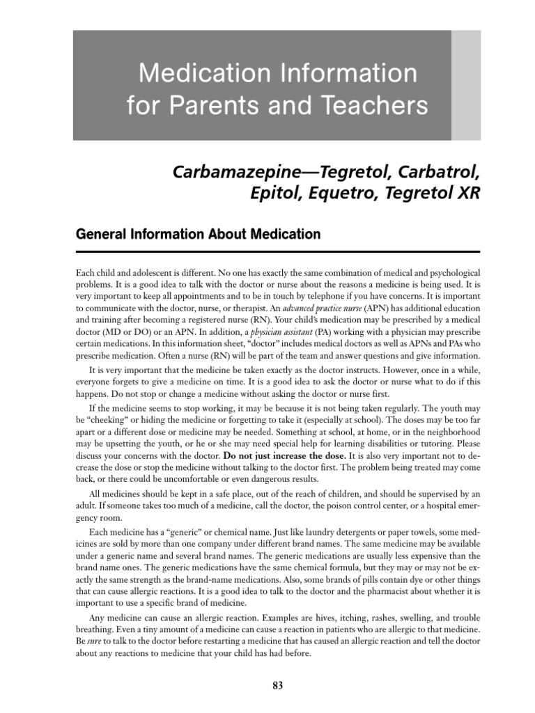 Medication Information For Parents and Teachers: Carbamazepine-Tegretol ...