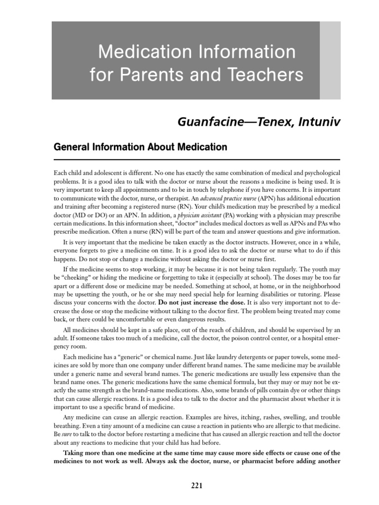 Medication Information For Parents and Teachers: Guanfacine-Tenex ...