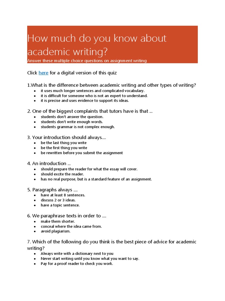 Academic Writing Quiz: Test Your Knowledge | PDF | Career & Growth