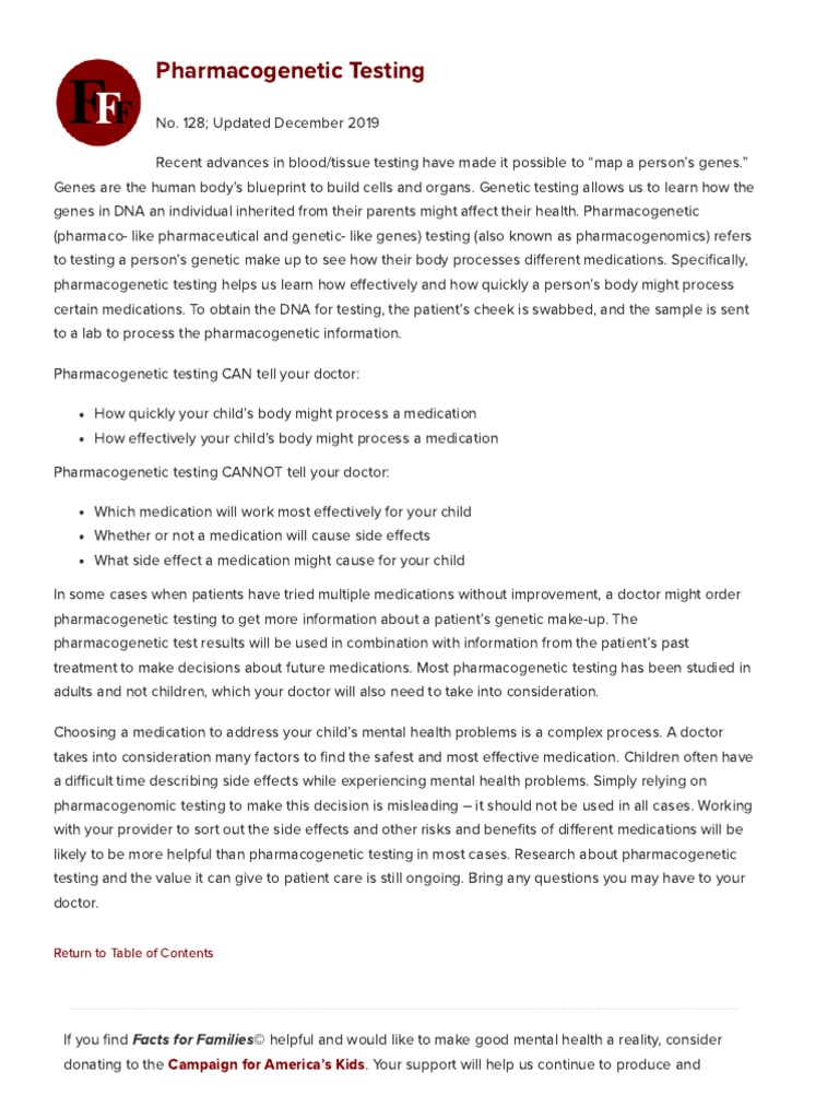 Pharmacogenetic Testing - AACAP Facts For Families | PDF ...