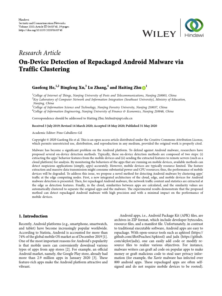 Research Article: On-Device Detection of Repackaged Android Malware Via Traffic Clustering | PDF ...