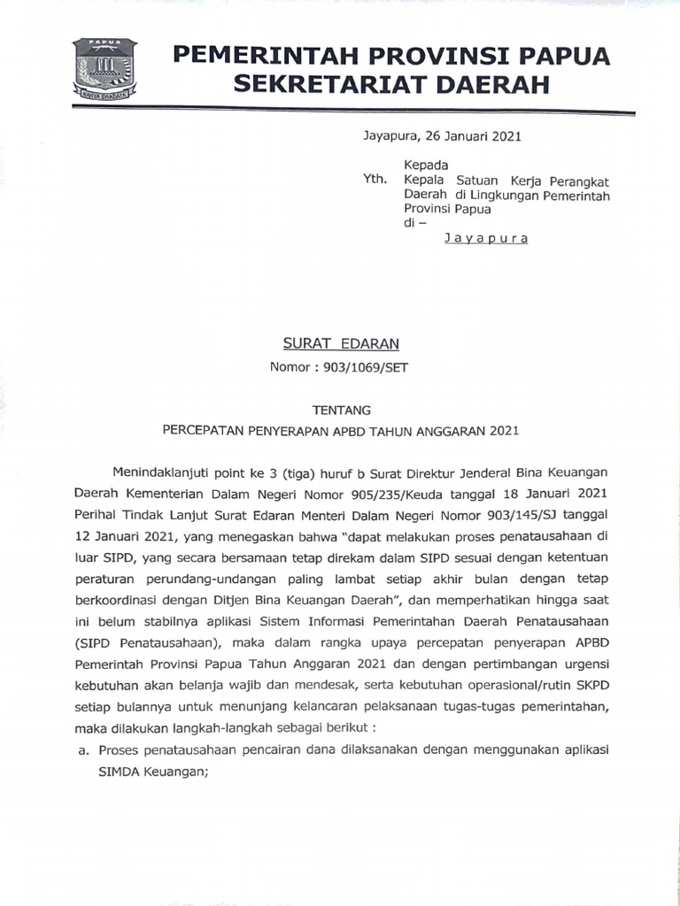 Surat Edaran Sekda Papua Terkait SIMDA Dan SIPD Penatausahaan 2021 | PDF