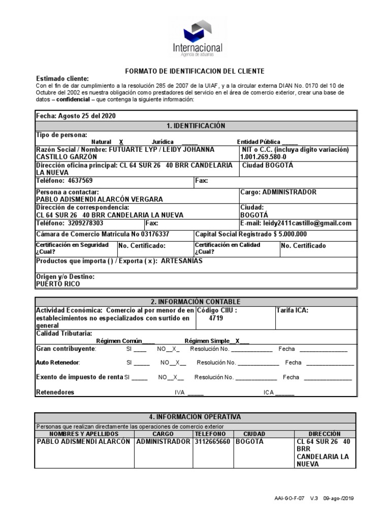 AAI-GO-F-07 Formato de Identificacion Del Cliente Version 3 | Descargar ...