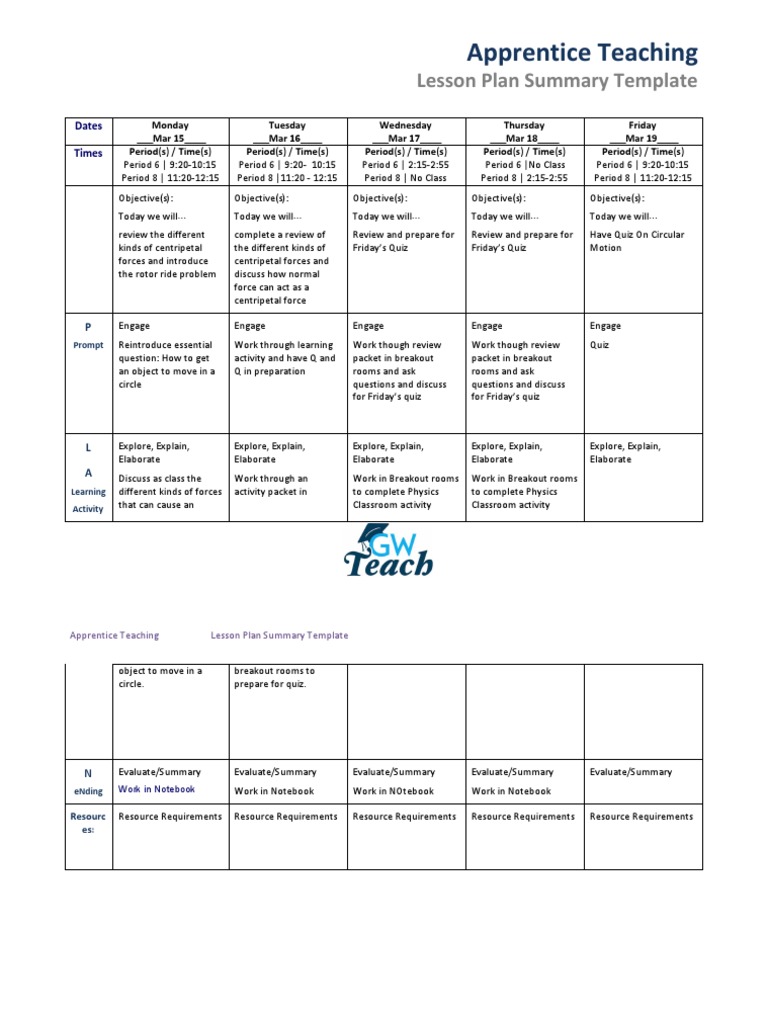 At-Lesson-Plan-Summary-Template Week 7 | PDF | Lesson Plan | Behavior ...