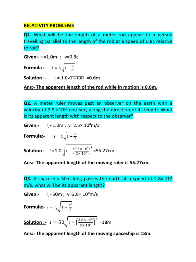 Relativity Solved Problems | PDF | Speed | Quantity