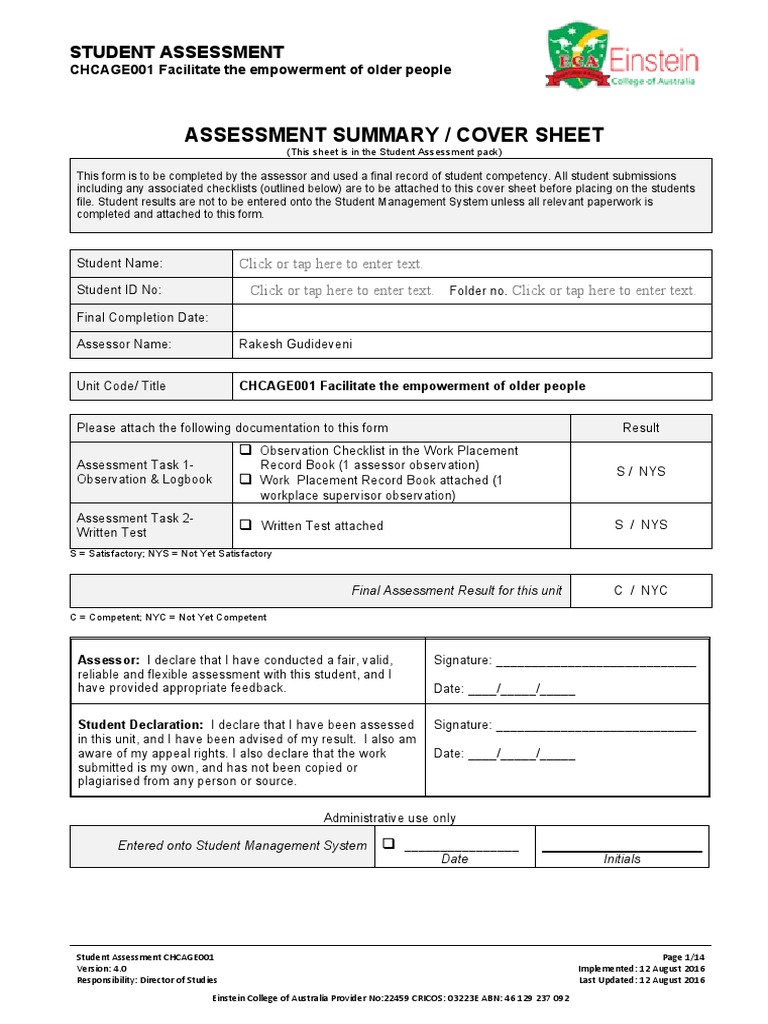 CHCAGE001 Student Assessment. V4. 120816 | PDF | Empowerment ...