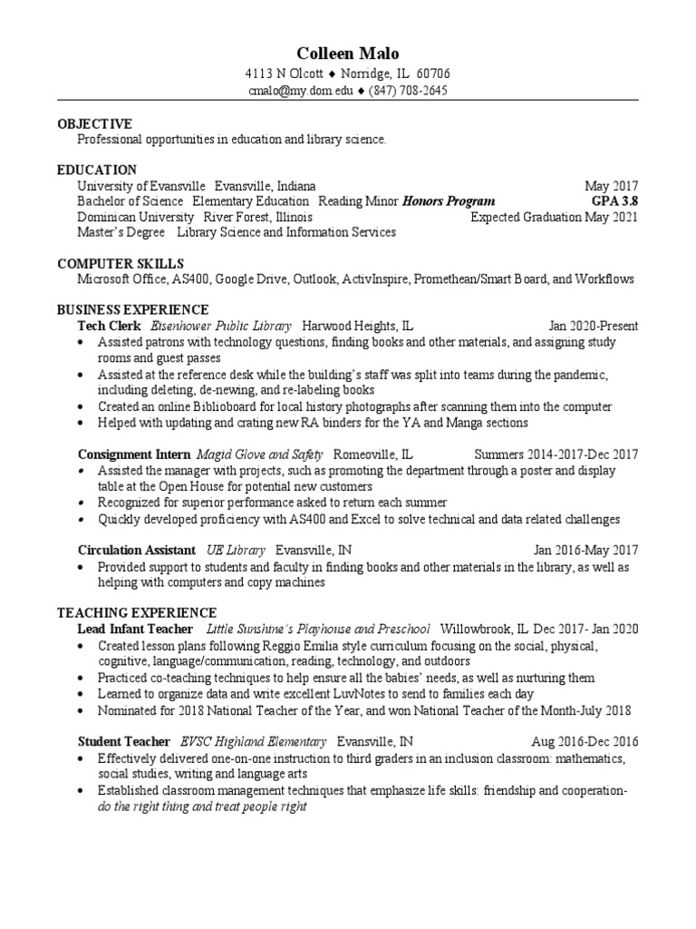 Colleen Malo Updated Resume | PDF | Libraries | Inclusion (Education)
