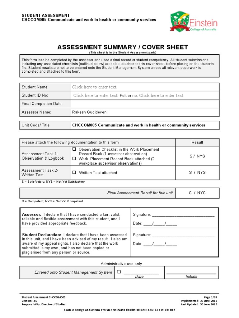 Assessment Summary / Cover Sheet: Click Here To Enter Text. Click Here ...