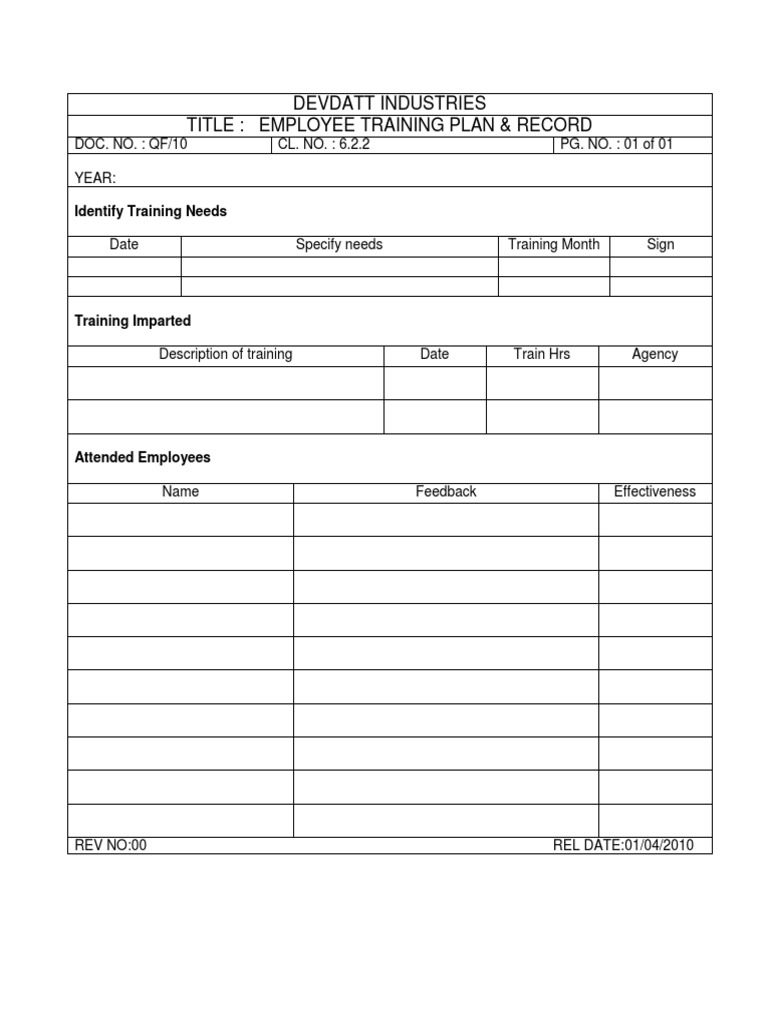 DevDatt Industries Employee Training Plan and Record: Identifying Needs ...