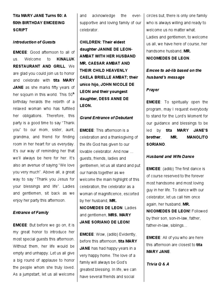 50th Birthday Emceeing Script | PDF