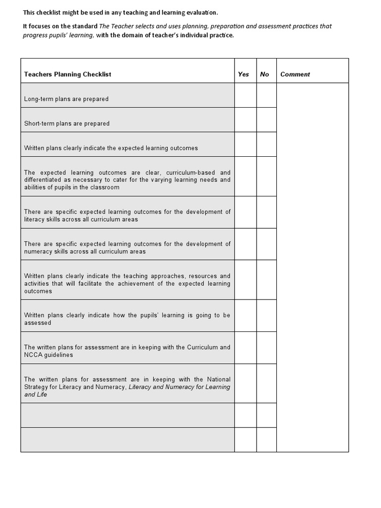 Sample Checklist For Teachers Individual Planning | PDF