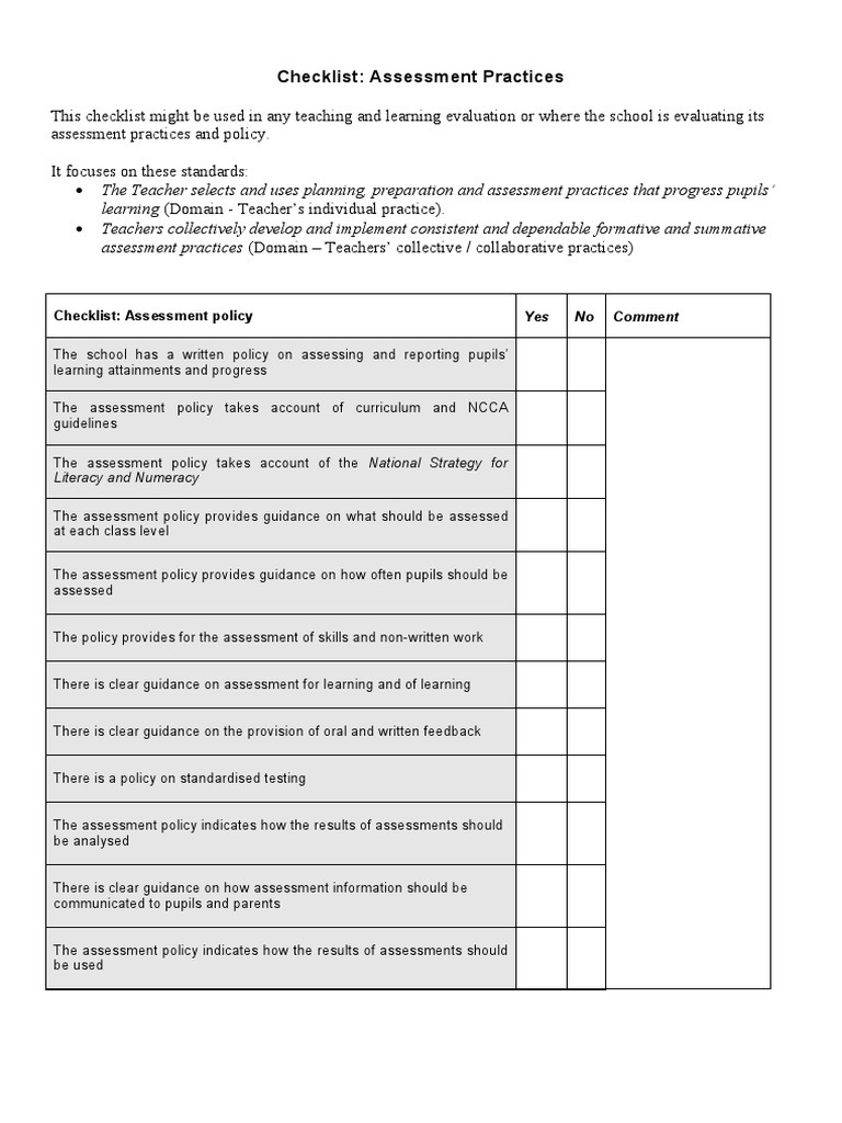 Sample Checklist For A Schools Assessment Practices | PDF | Business ...