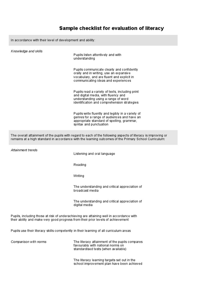 Sample Checklist For Evaluation of Literacy: Knowledge and Skills | PDF ...