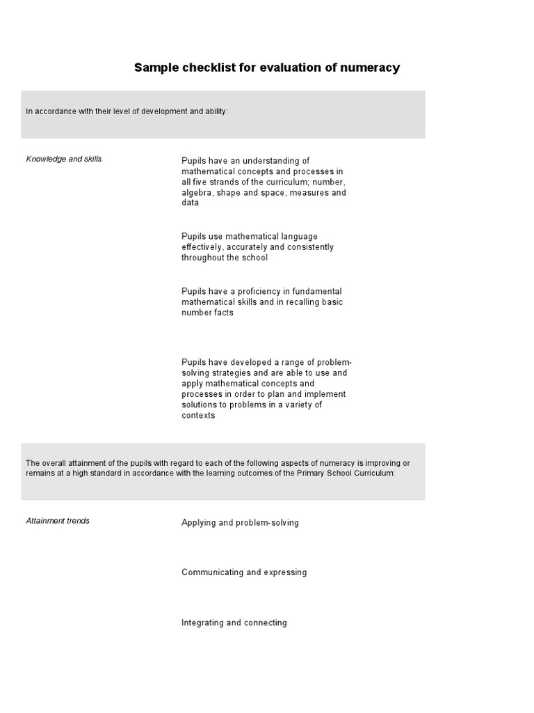Sample Checklist For Evaluation of Numeracy: Knowledge and Skills | PDF ...