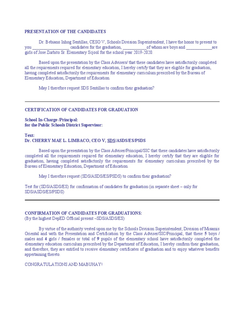 Certification and Confirmation For Graduates Speech | PDF