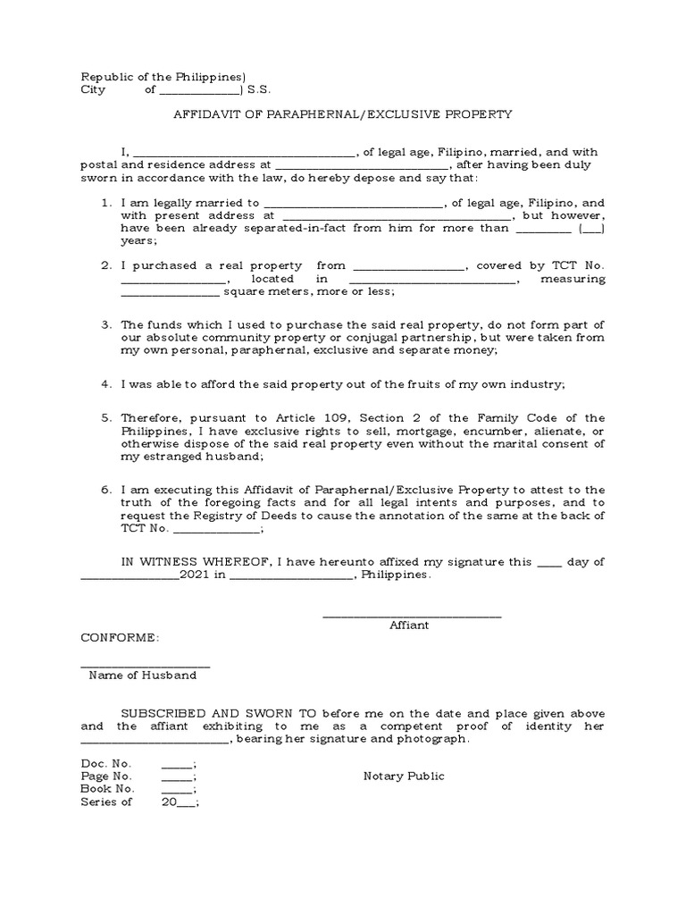 Affidavit of Exclusive Paraphernal Property | PDF | Finance & Money ...