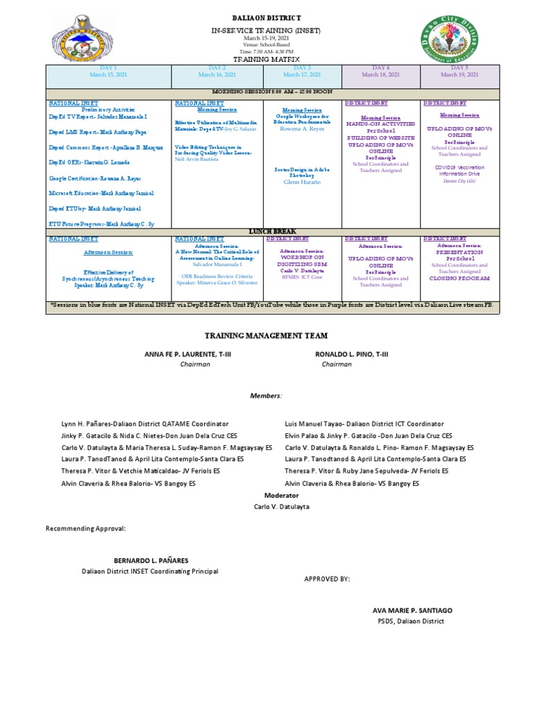 Training Matrix: Daliaon District In-Service Training (Inset) | PDF ...
