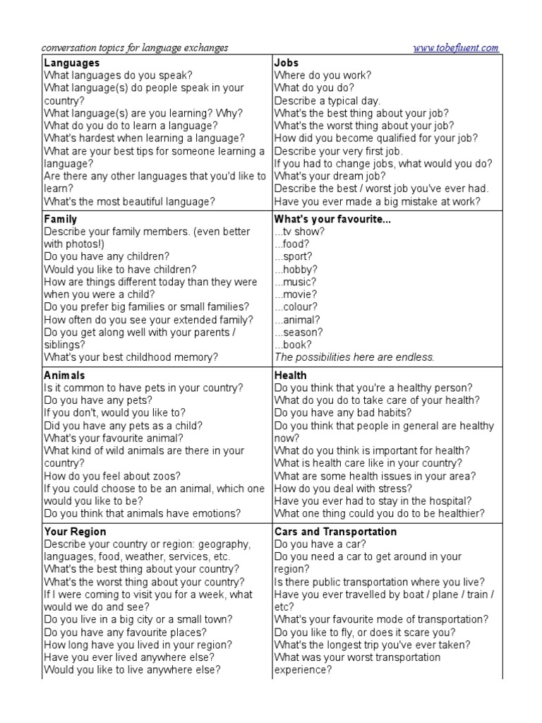 Topics For Language Exchange | PDF | Social Media | Popular Culture ...