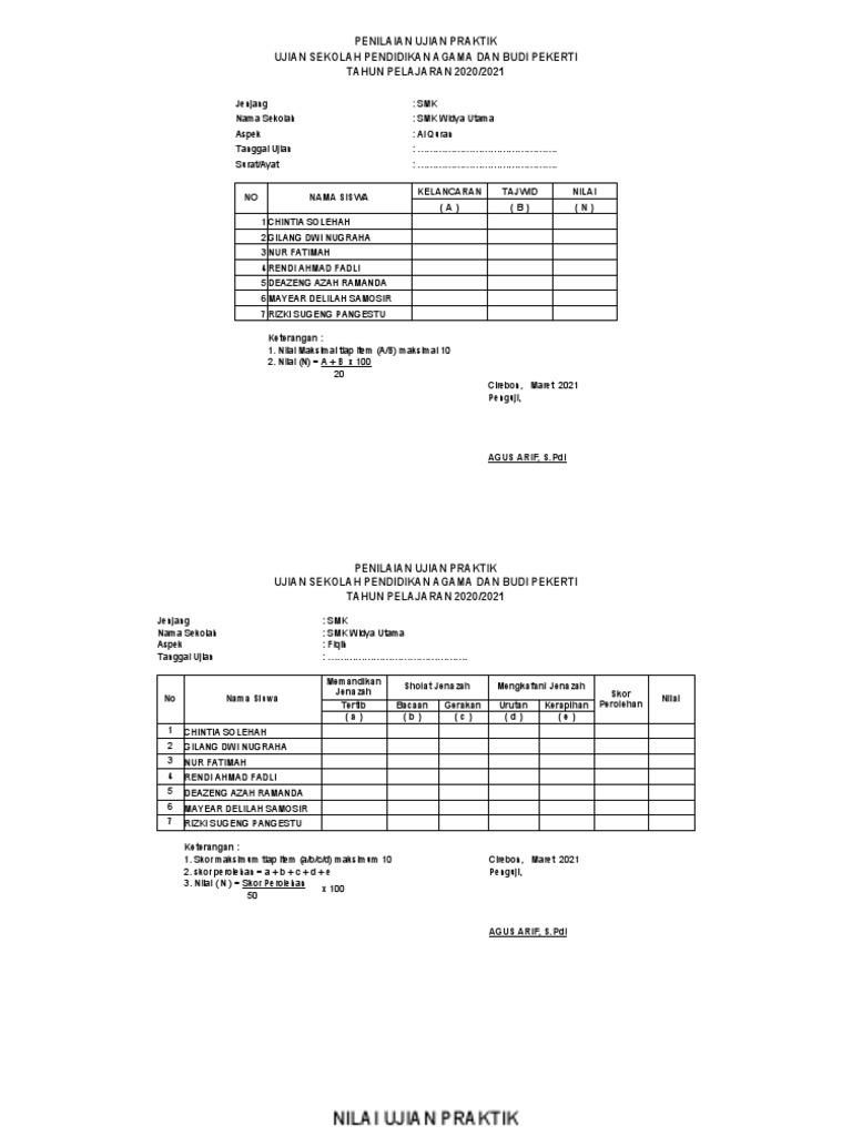 Blanko Nilai Praktik Pai | PDF