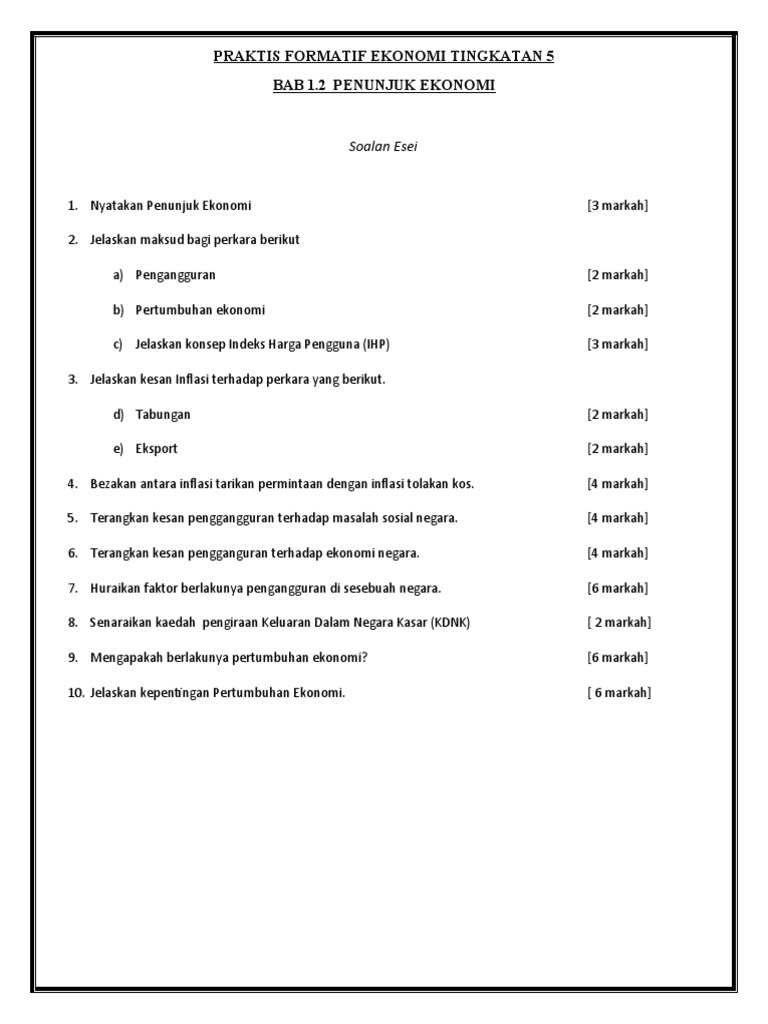 Praktis Formatif Ekonomi Tingkatan 5 Bab 1.2 Penunjuk Ekonomi | PDF