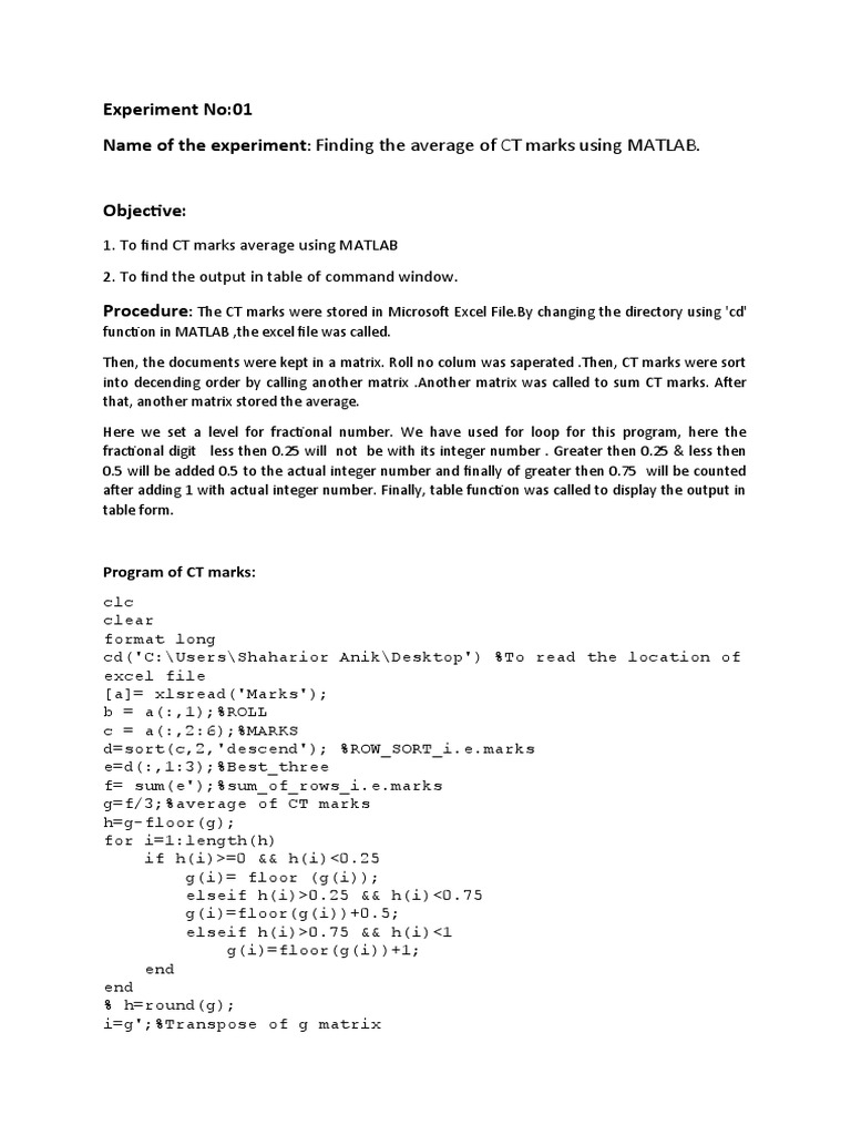 MATLAB CT Marks Averaging Guide | PDF | Microsoft Excel | Numbers