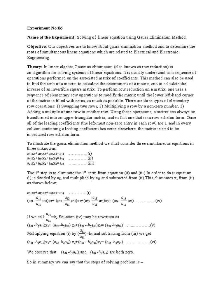 Gauss Elimination Method Using Matlab Pdf Computational Science 8686