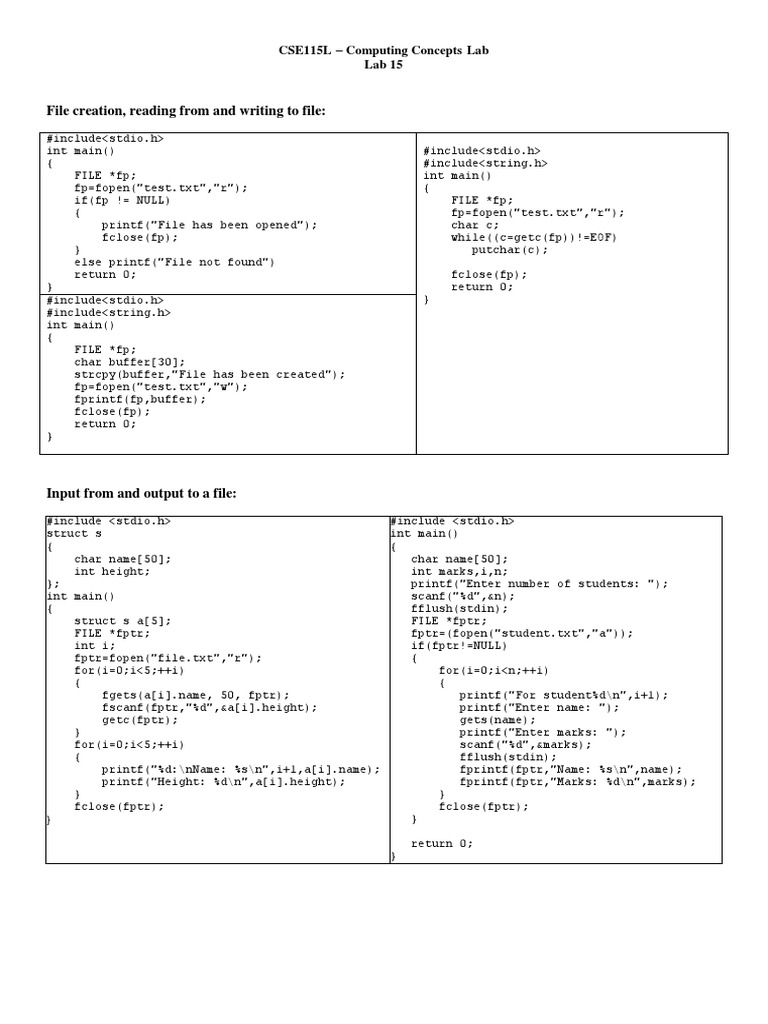File Creation, Reading From and Writing To File:: CSE115L - Computing Concepts Lab Lab 15 | PDF ...