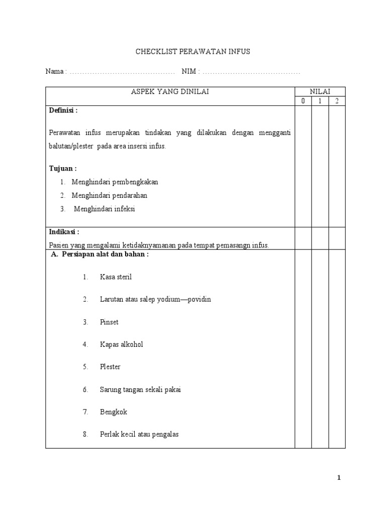 Checklist Perawatan Infus | PDF