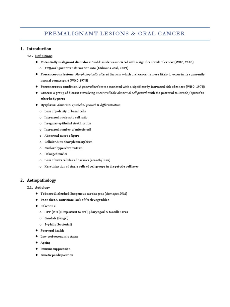 Premalignant Oral Lesions and Cancer Risks | PDF | Cancer | Anatomy