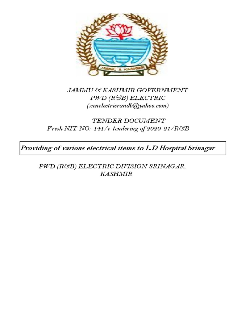 Jammu & Kashmir Government PWD (R&B) Electric Tender Document Fresh NIT ...