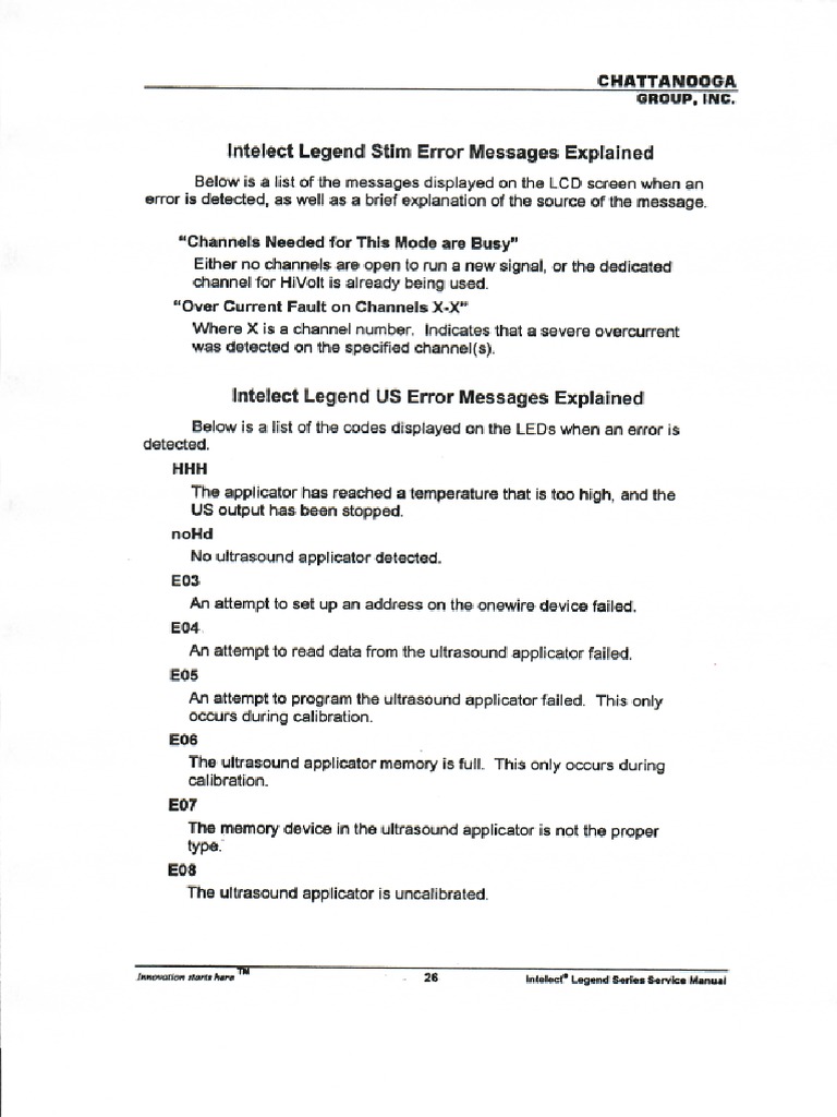 Chattanooga Intelect E-Stim Error Messages Description | PDF