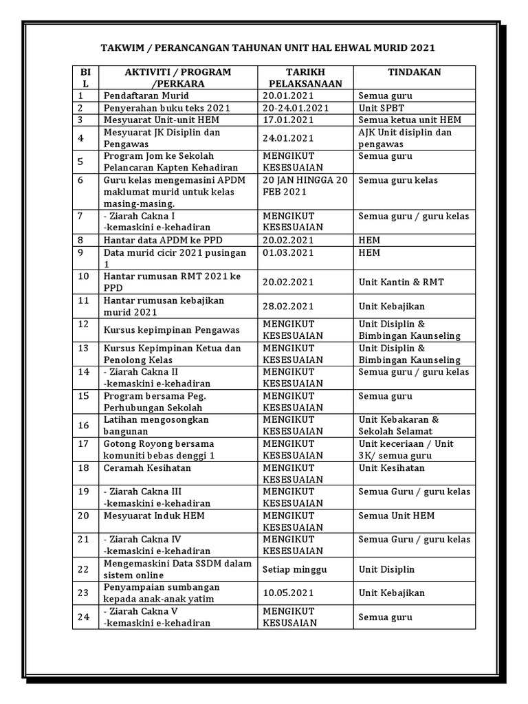 Takwim Hem 2021 | PDF