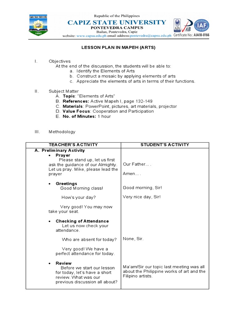Elements of Arts Lesson Plan | PDF | Shape | Color