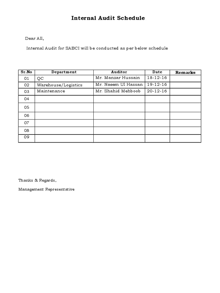 Internal Audit Schedule Dec-16 | PDF