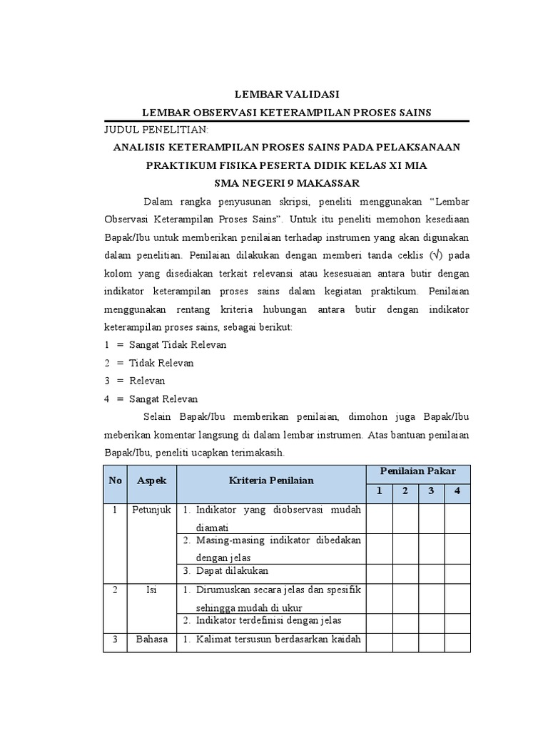 Validasi Lembar Observasi | PDF