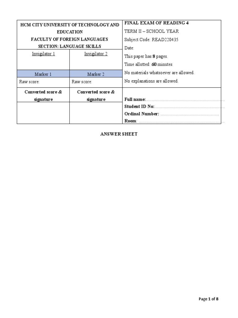 Sample Test-Final Reading 4-2019 | PDF