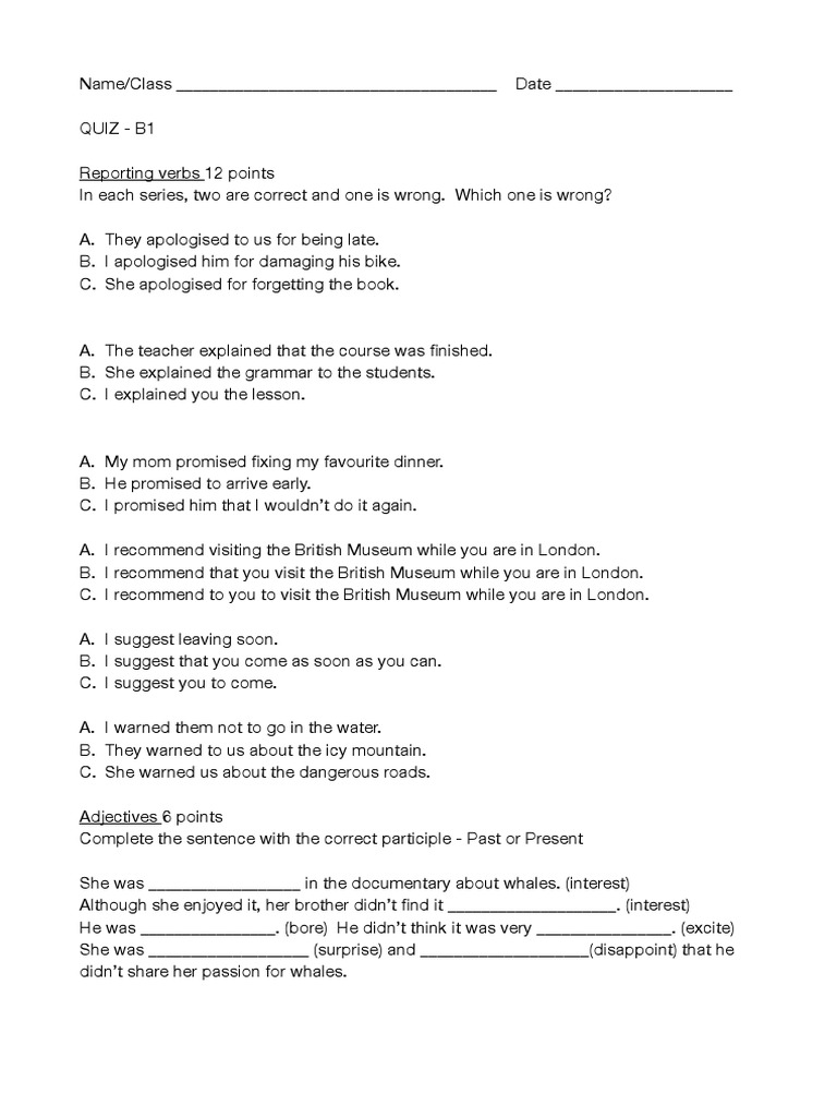 Quiz on Reporting Verbs and Participles with Answer Key | PDF