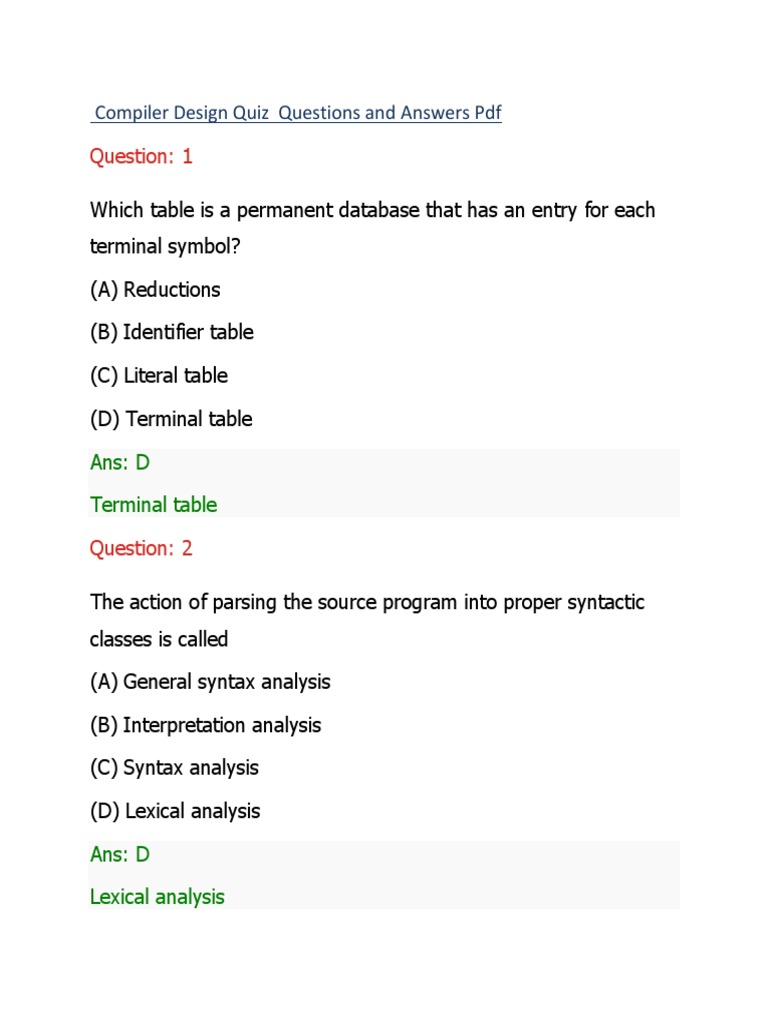 Compiler Design Quiz Questions and Answers | PDF