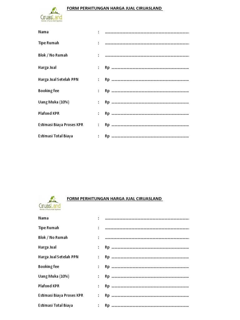 Form Perhitungan Harga Jual | PDF