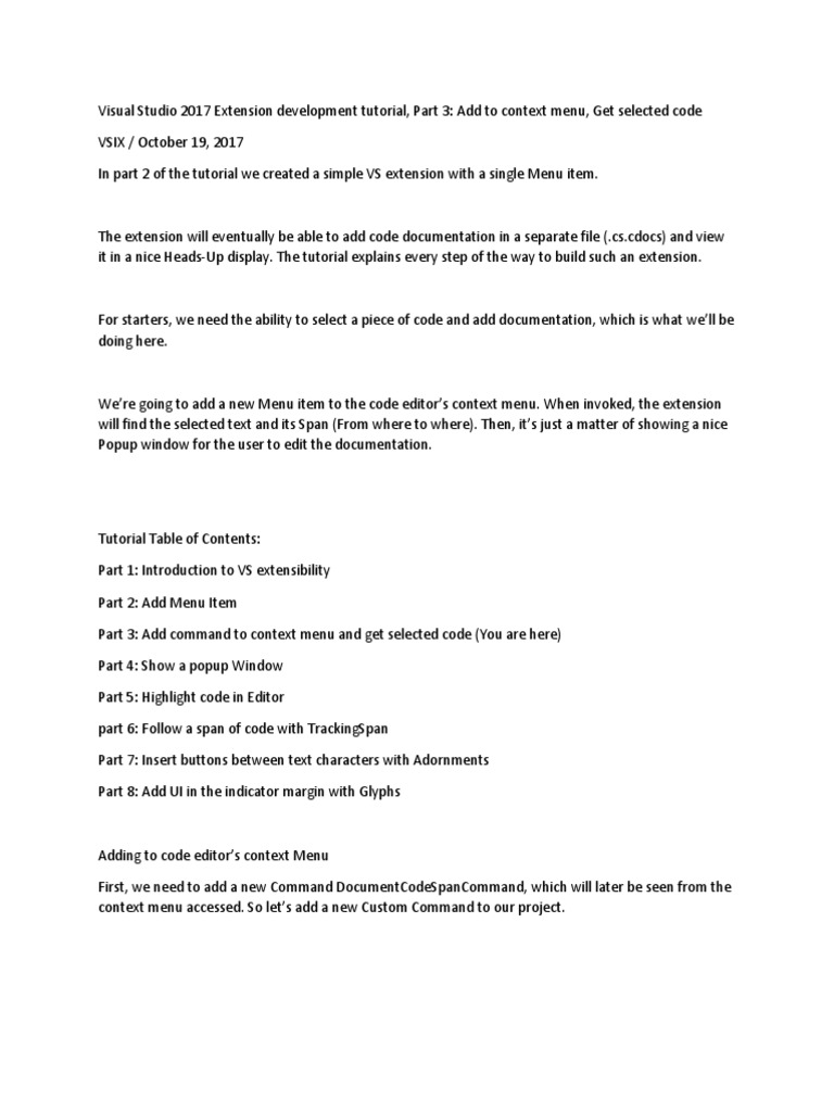 Visual Studio 2017 Extension Development Tutorial | PDF