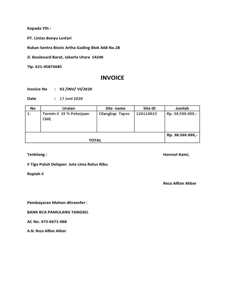 Invoice Pembayaran PT Lintas Banyu Lestari | PDF