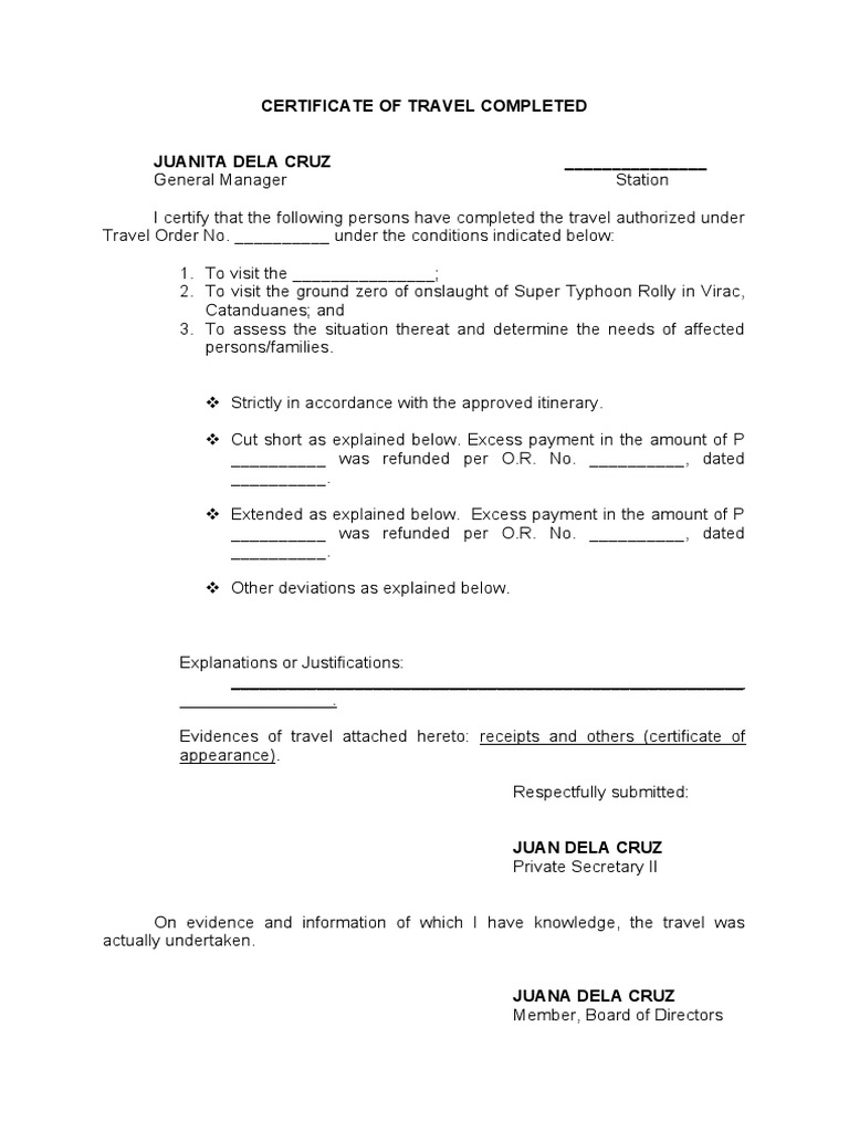 CERTIFICATE OF TRAVEL COMPLETED (For Scribd) | PDF