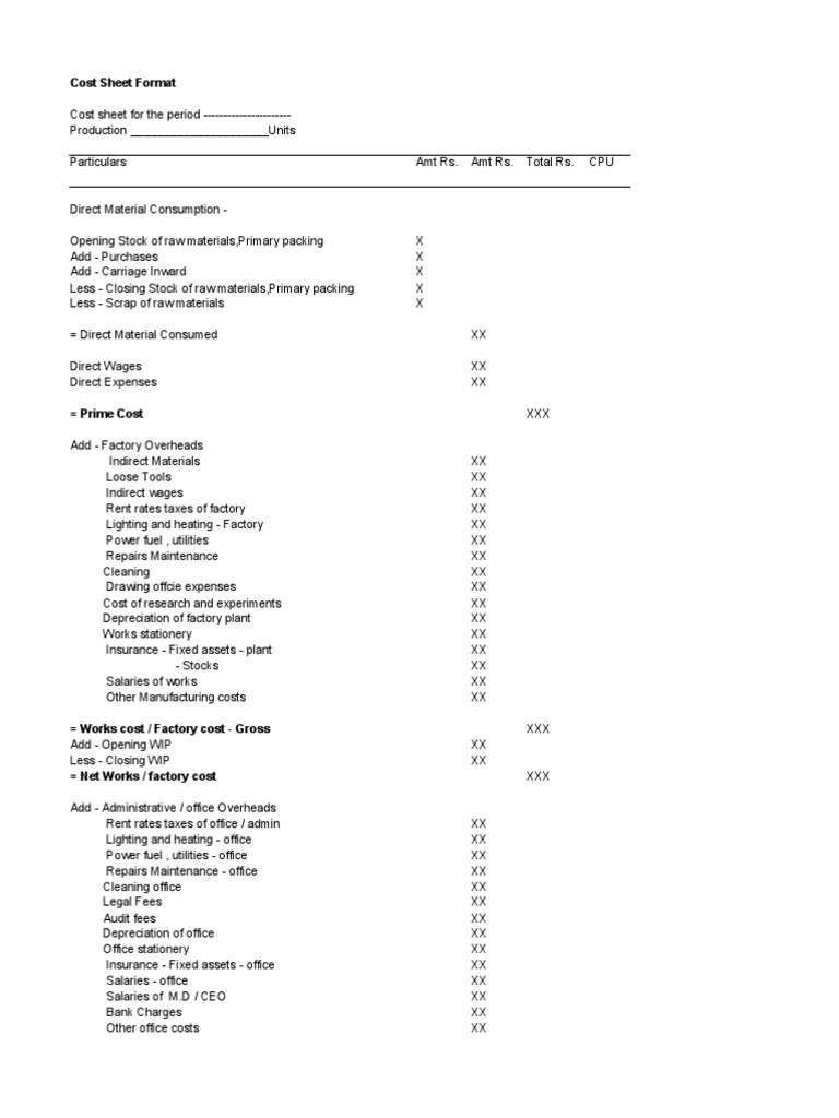 Cost Sheet Format | PDF | Debits And Credits | Income Statement